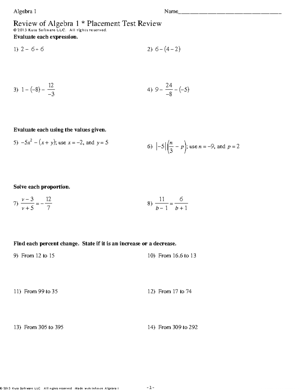 Review of Algebra 1 - This is a work sheet - ©l B 2j 04 1N 31 OKHuqt B ...