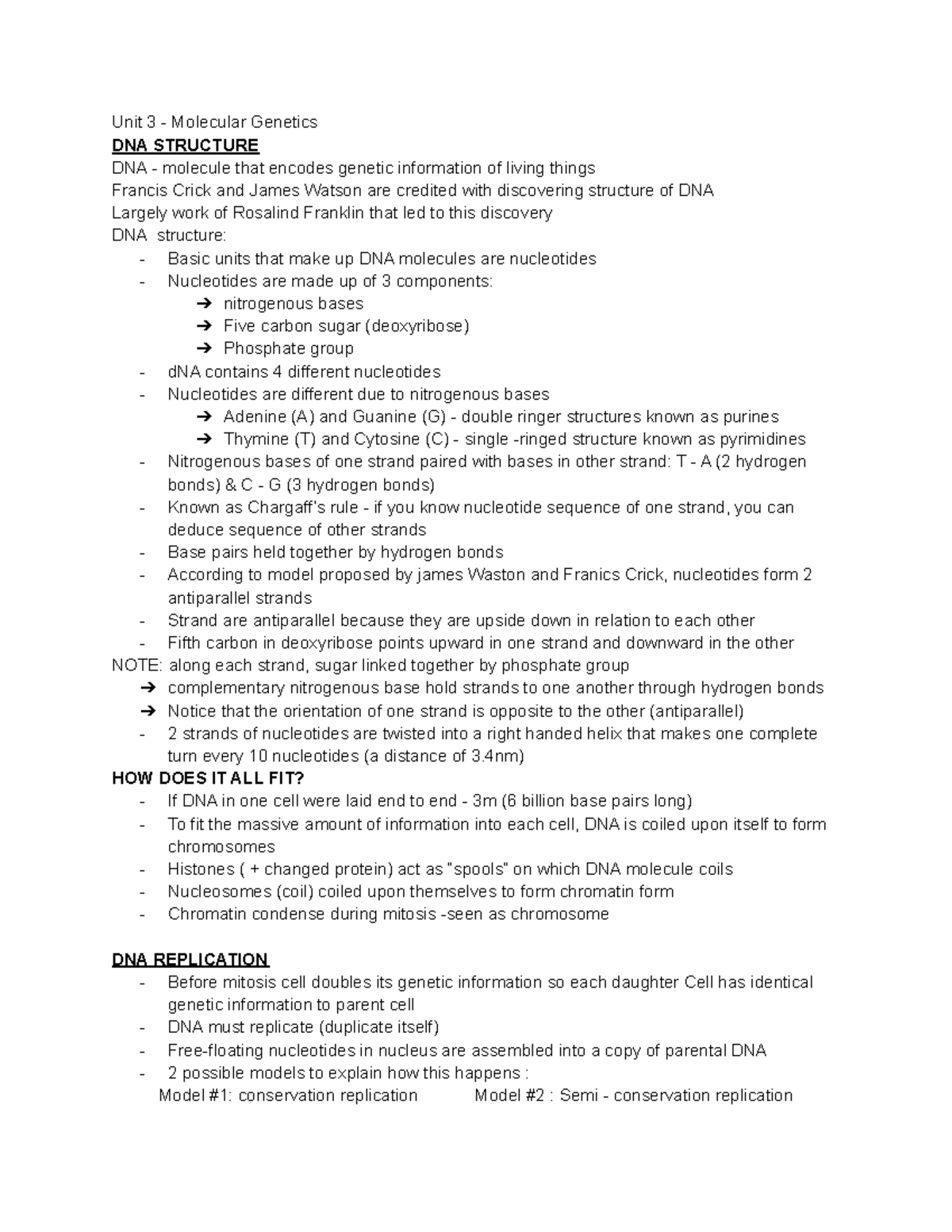 Unit 3 - Molecular Genetics - Unit 3 - Molecular Genetics DNA STRUCTURE ...