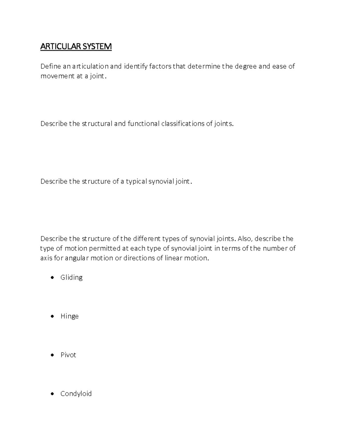 Articular System: Joints and Muscles - Studocu