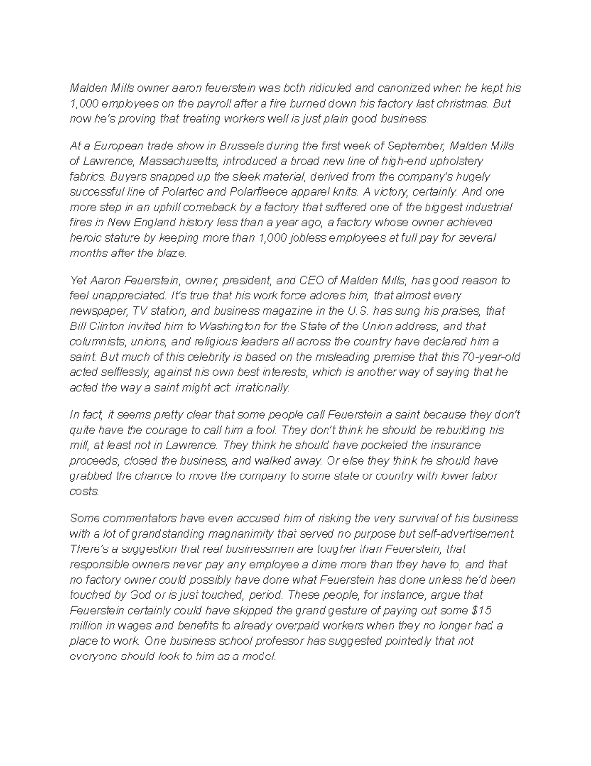 Untitled document - Case Study - Malden Mills owner aaron feuerstein ...