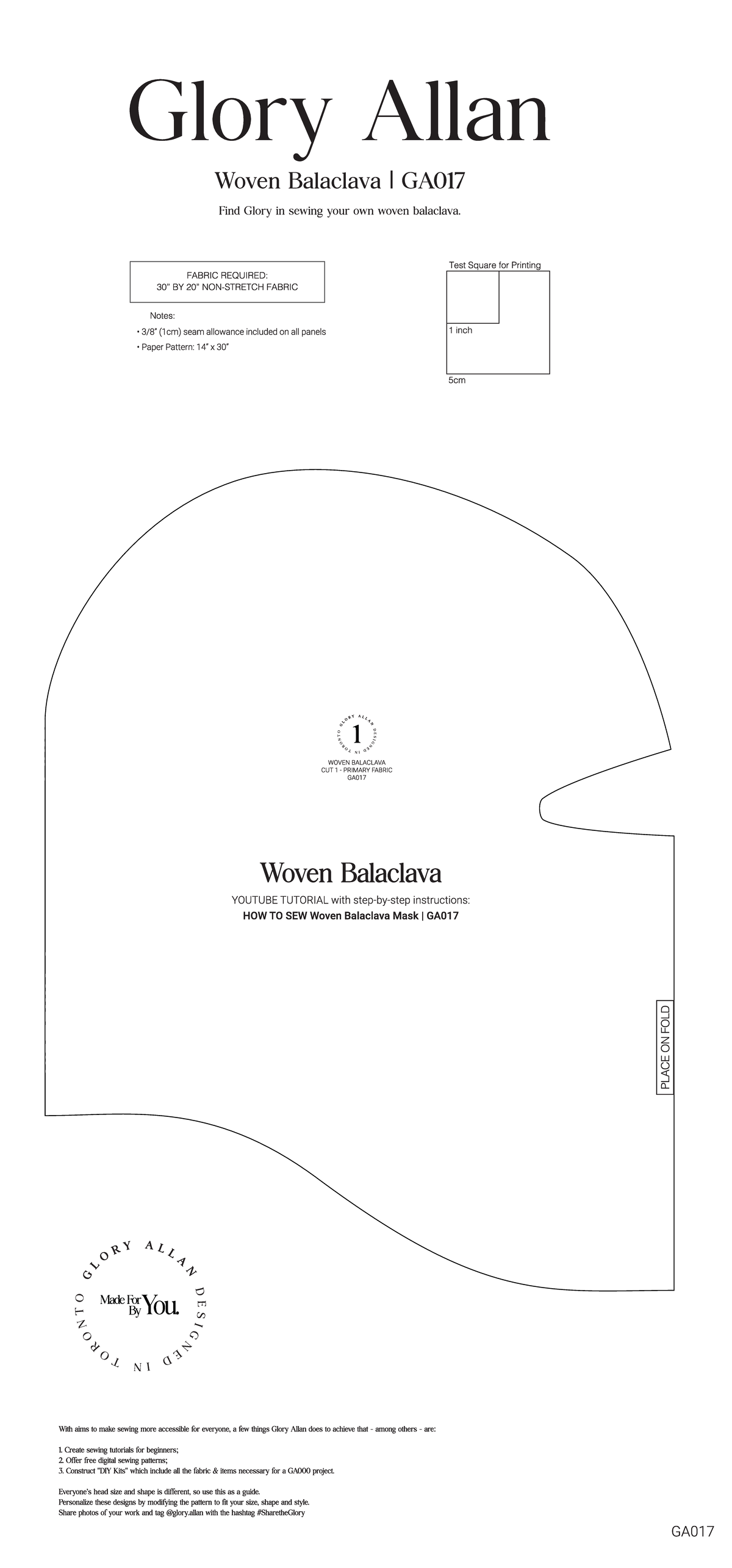 Glory Allan - GA017 - Woven Balaclava Sewing Pattern - 13in x 30in ...