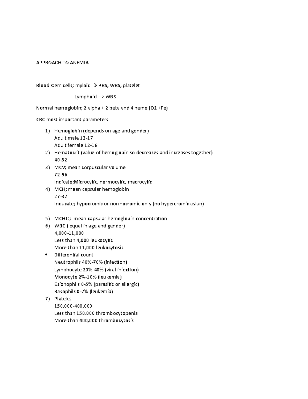 ONCO LEC1 - Internal medicine - APPROACH TO ANEMIA Blood stem cells ...