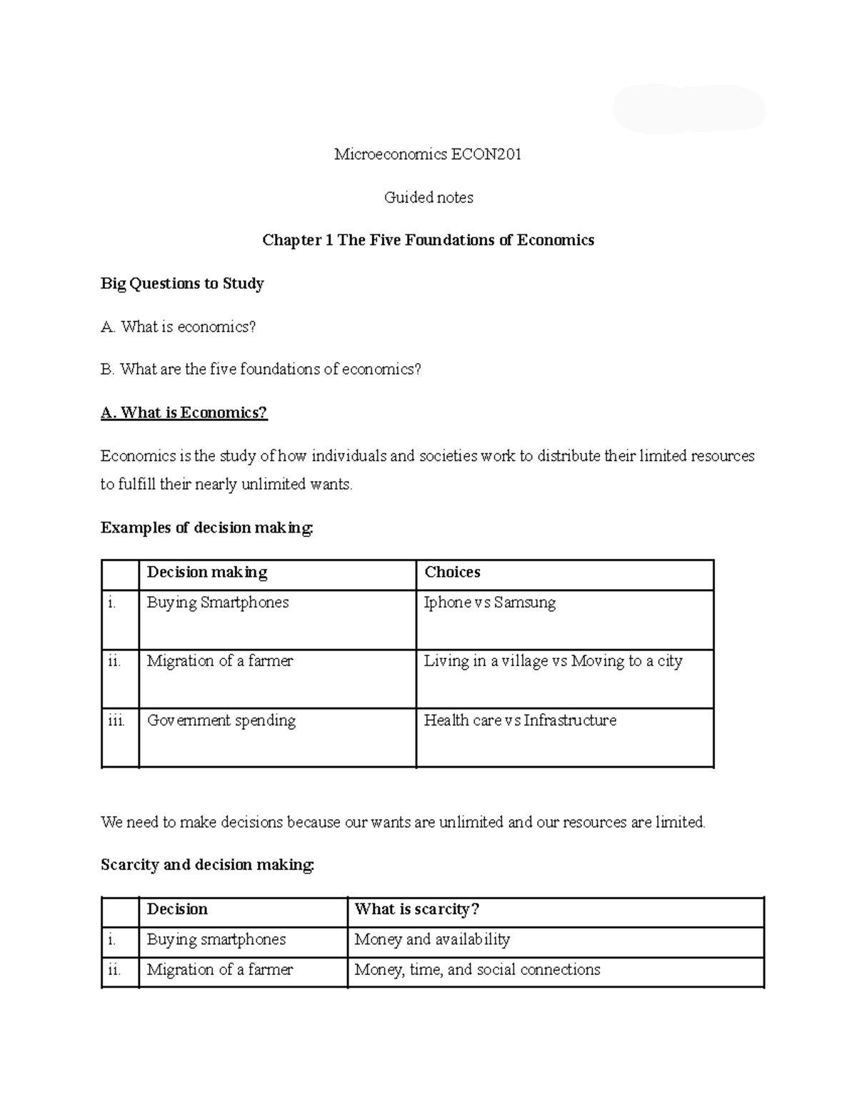 Guided Notes Ch 1 The Five Foundations of Economics - Name: Amna Aziz ...