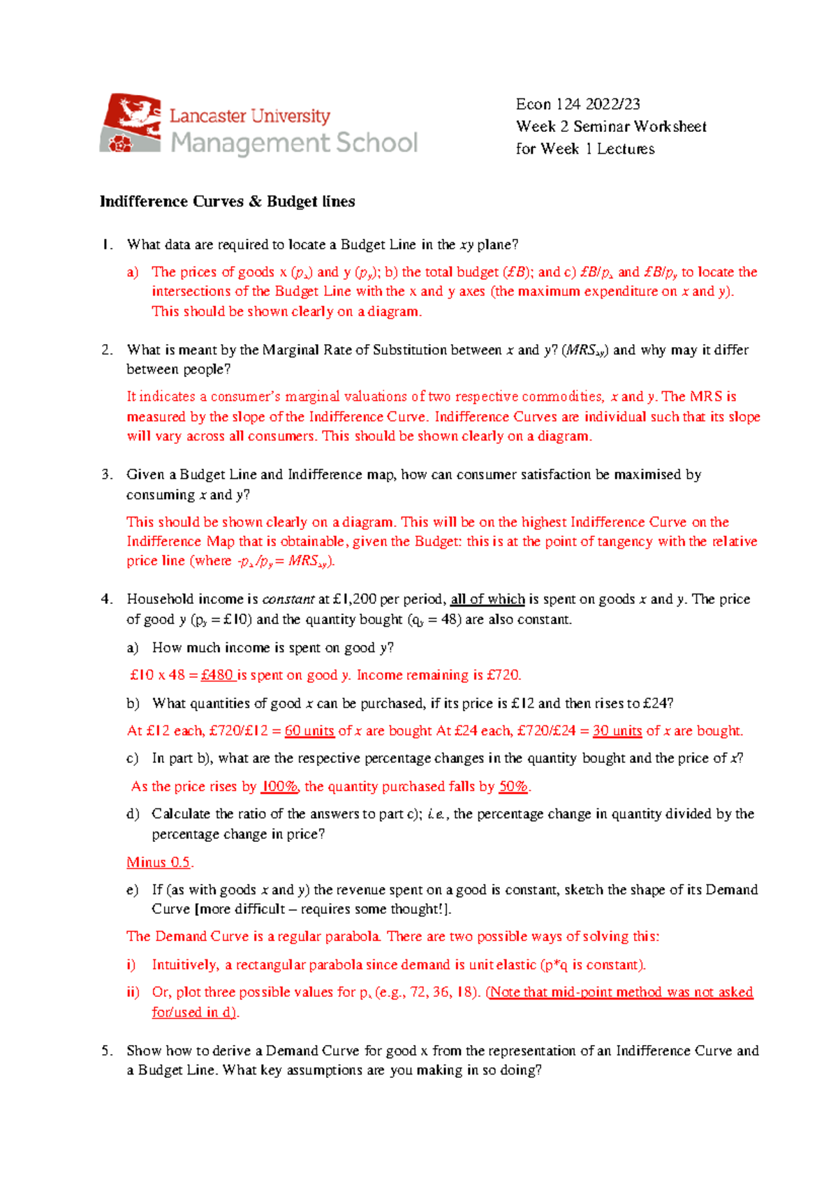 Econ 124 Week 2 Seminar Worksheet solutions - What data are required to ...