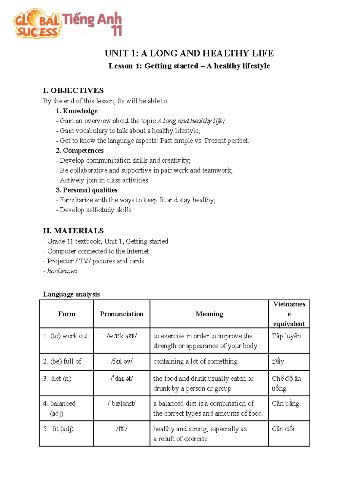 Global Success 11 - Unit 1 (Giáo án) - UNIT 1: A LONG AND HEALTHY LIFE ...