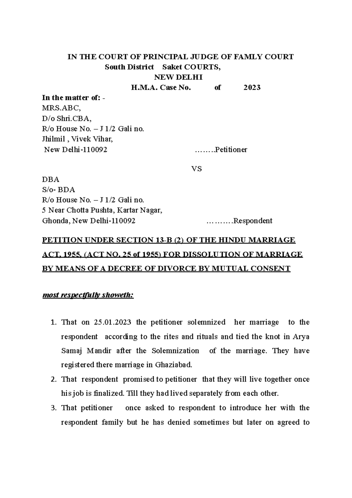 IN THE Court OF Principal Judge OF Famly Court saket - IN THE COURT OF ...