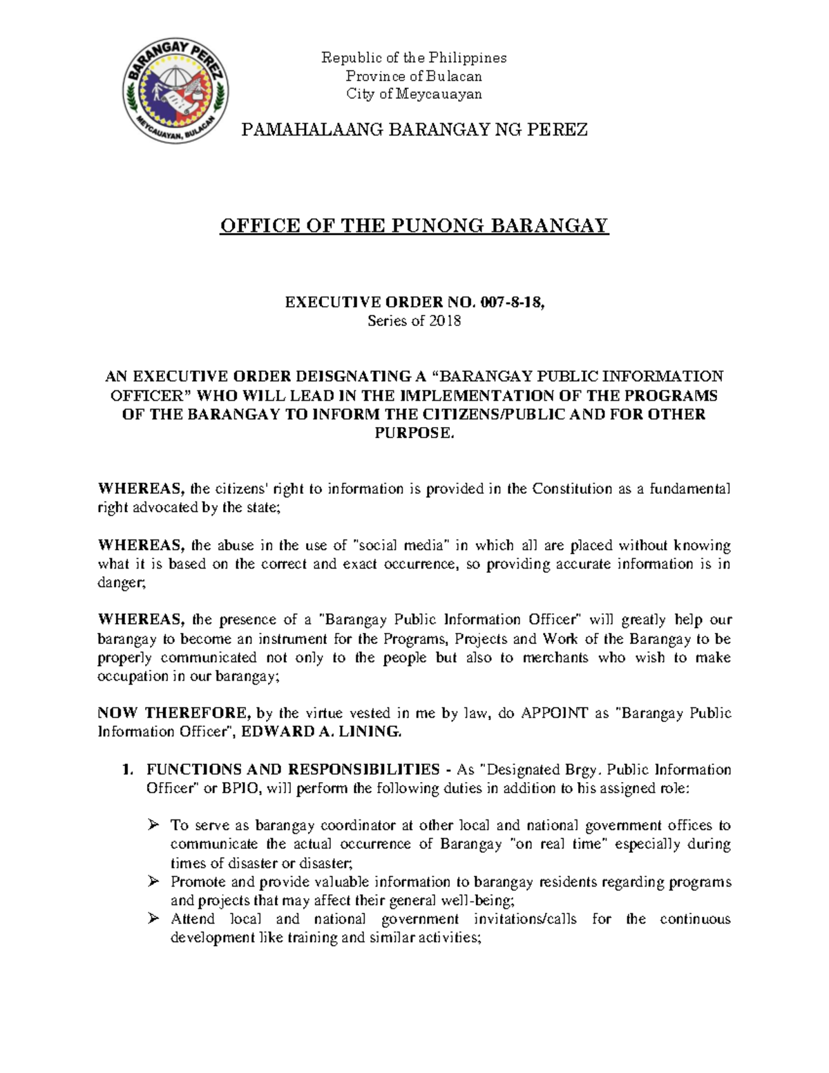 Executive Order No 007-08-18 BPIO - Republic of the Philippines ...
