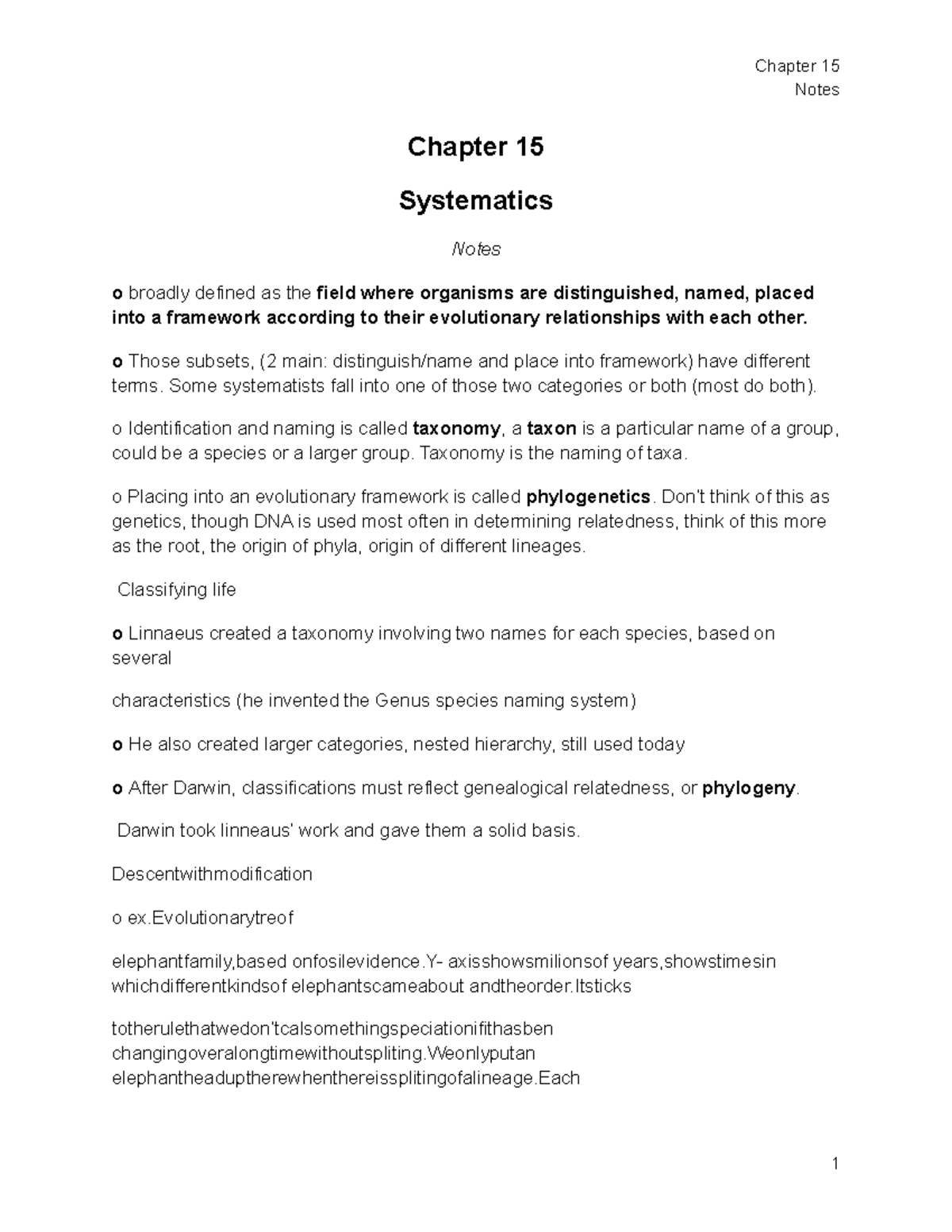 Chapter 15 - Notes - Notes Chapter 15 Systematics Notes o broadly ...