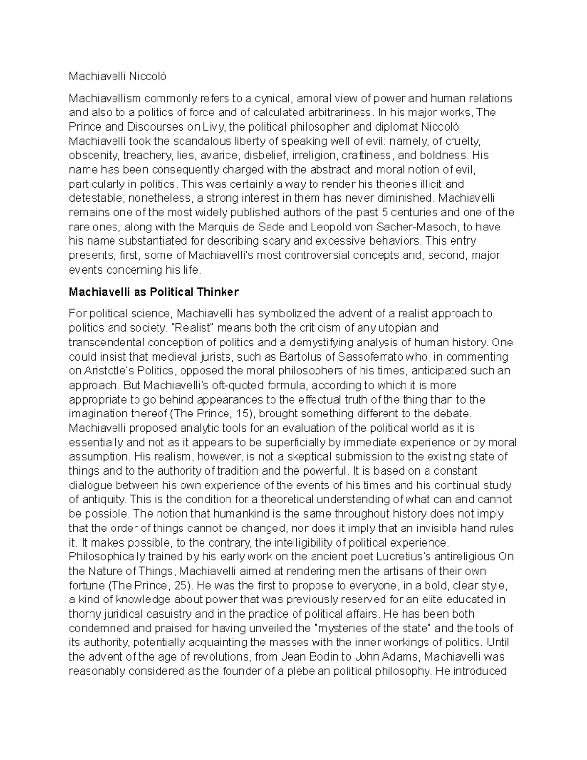 Machiavelli Niccolò - Machiavelli Niccolò Machiavellism commonly refers ...