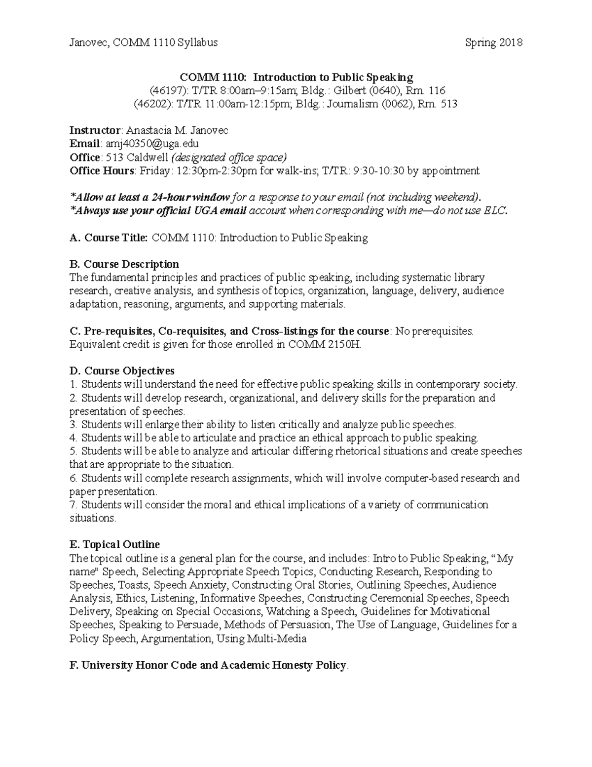 COMM 1110 Syllabus - Janovec copy - COMM 1110: Introduction to Public ...