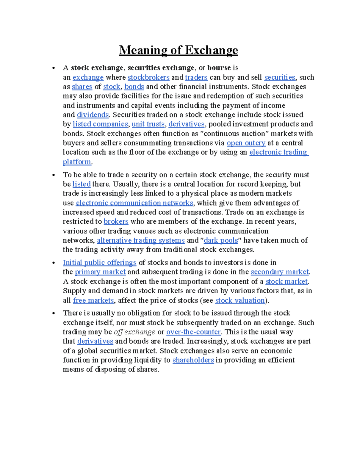 Nisanth class 12 BS project - Meaning of Exchange A stock exchange ...