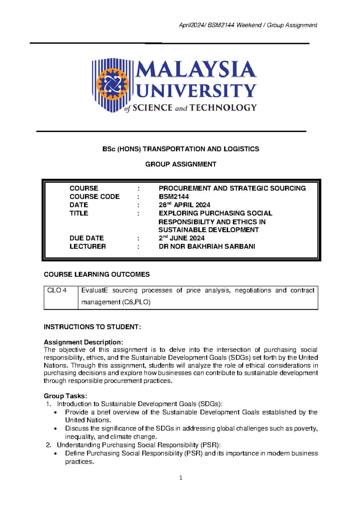 Group Assignment BSM2144 Procurement and Strategic sourcing - April2024 ...