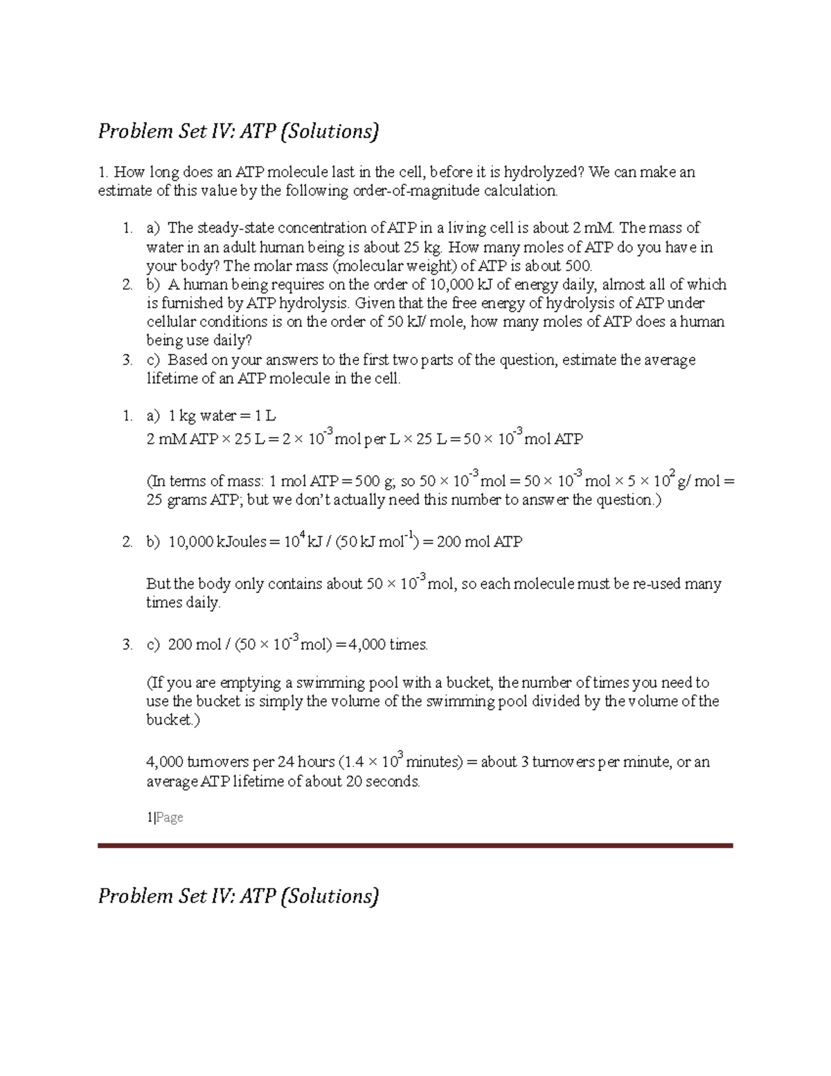 BIOC Problem Set IV ATP Solutions - Problem Set IV: ATP (Solutions) How long does an ATP ...