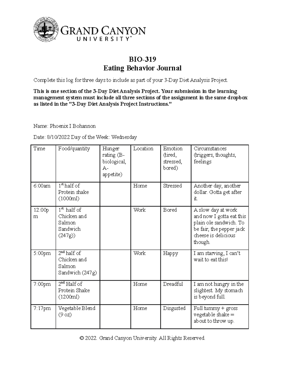BIO 319 RS Eating Behavior Journal - BIO- Eating Behavior Journal ...