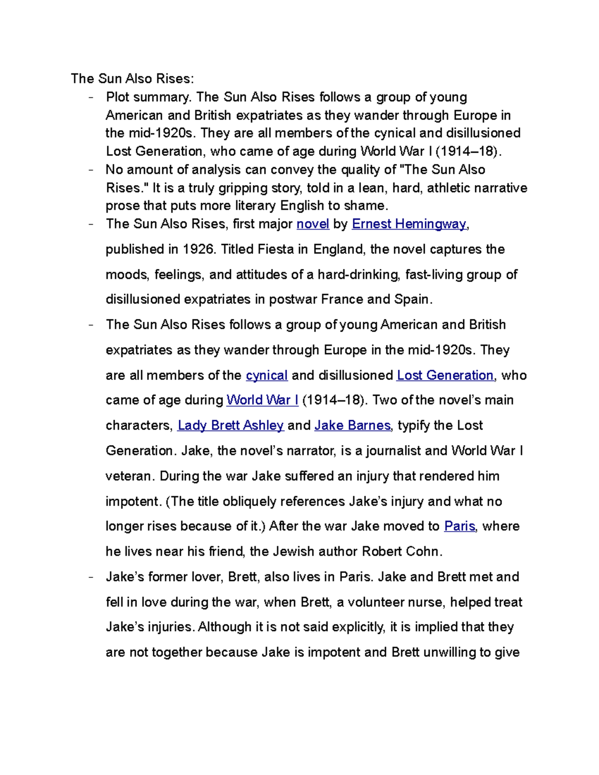 Lit #8 - Notes taken directly from lecture. - The Sun Also Rises ...