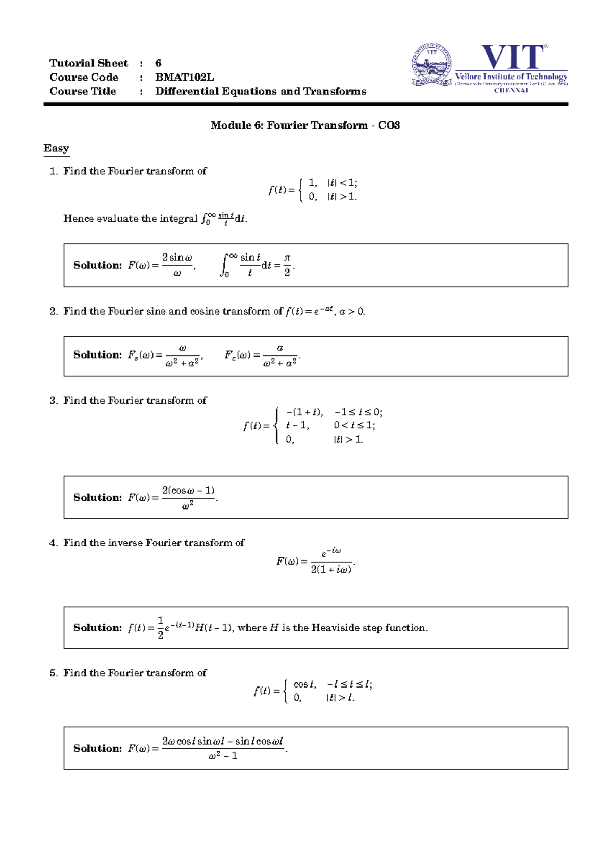 Module 6 Tutorial sheet DET BMAT102L - Tutorial Sheet : 6 Course Code ...