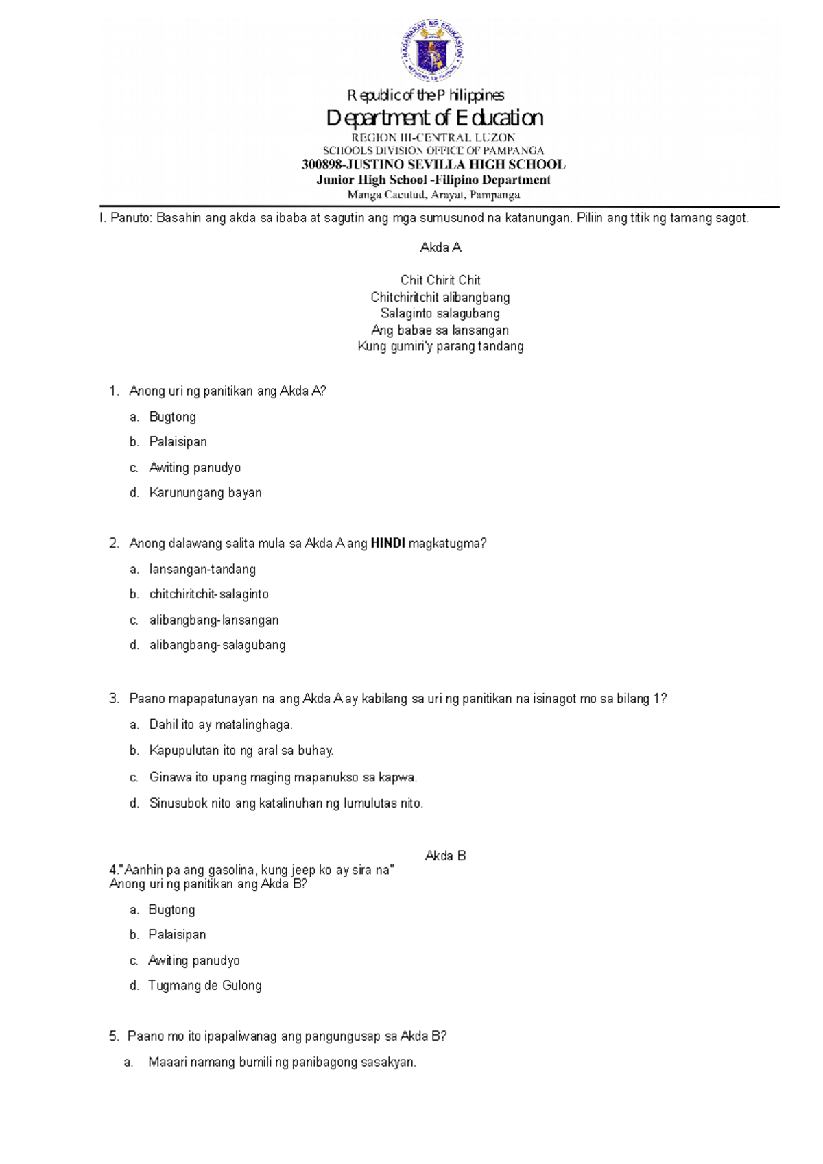 Exam q3 - Available for grade 7 Filipino - I. Panuto: Basahin ang akda ...