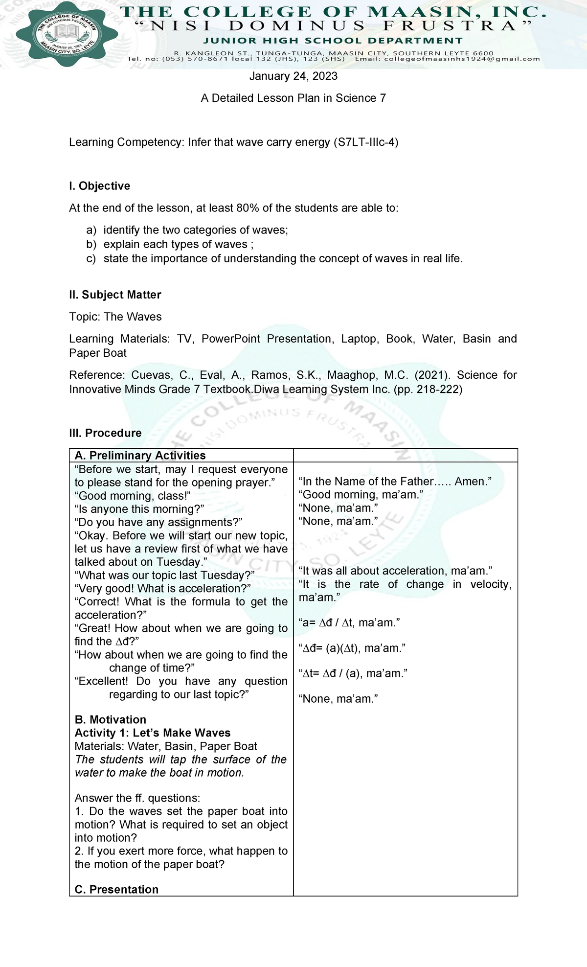 Wave - Detailed Lesson Plan - January 24, 2023 A Detailed Lesson Plan ...