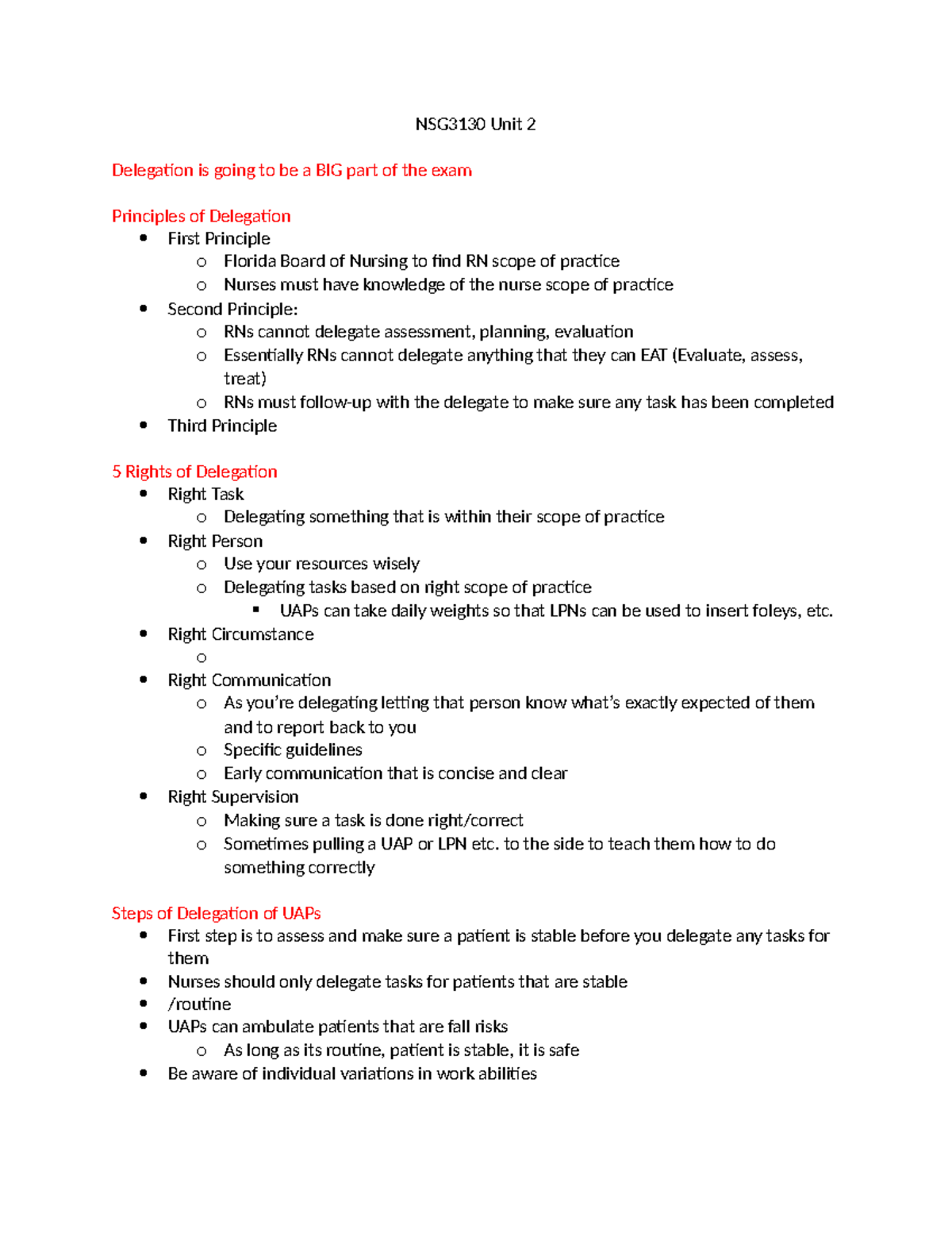 NSG3130 Unit 2 Notes - NSG3130 Unit 2 Delegation is going to be a BIG ...