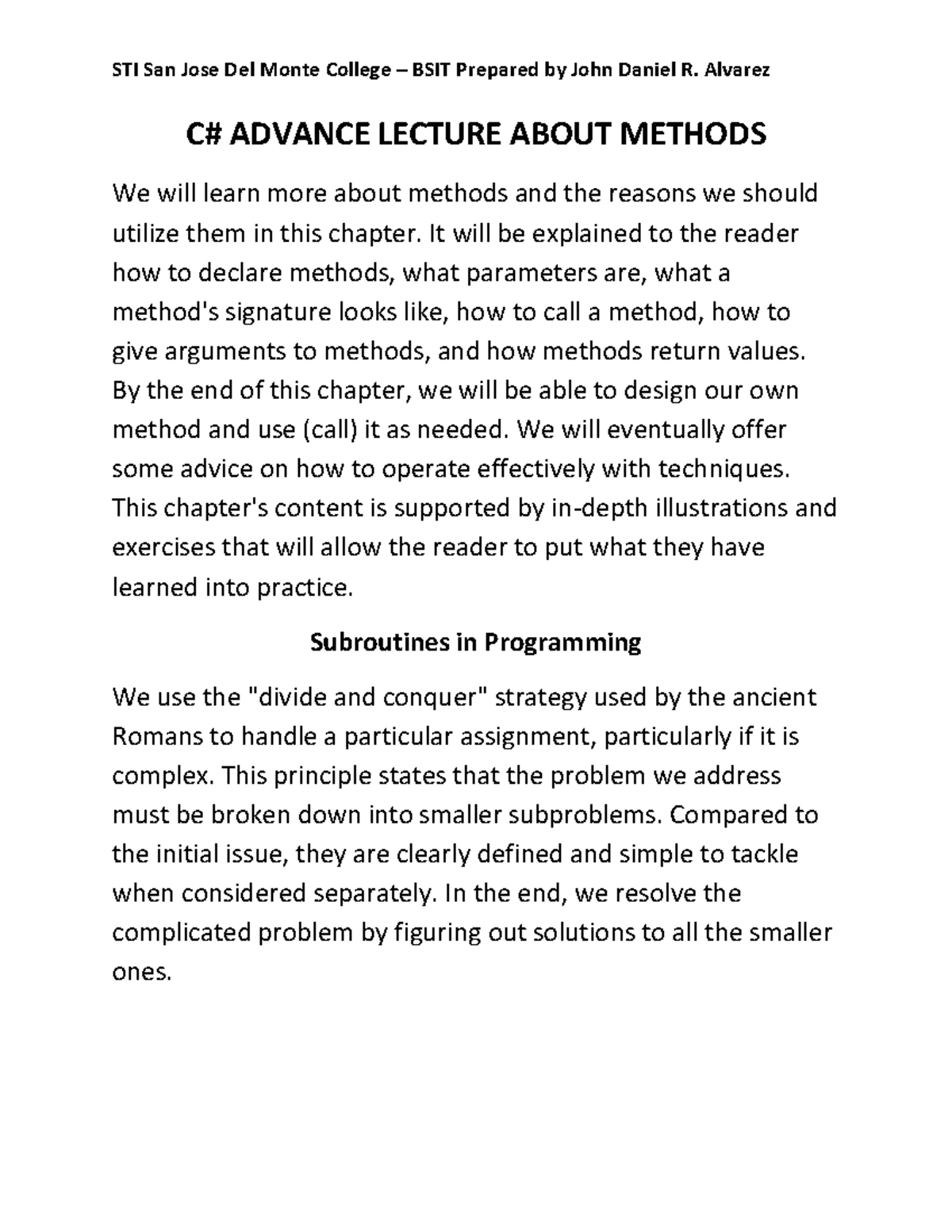 C Sharp Advance Lecture about Methods - C# ADVANCE LECTURE ABOUT ...