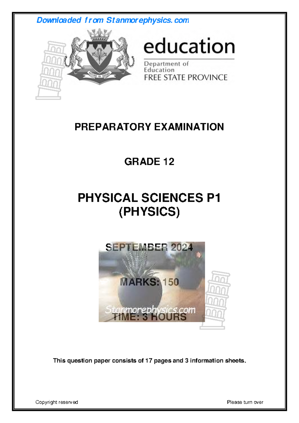 FS Physical Sciences Grade 12 September 2024 P1 and Memo - PREPARATORY EXAMINATION GRADE 12 ...