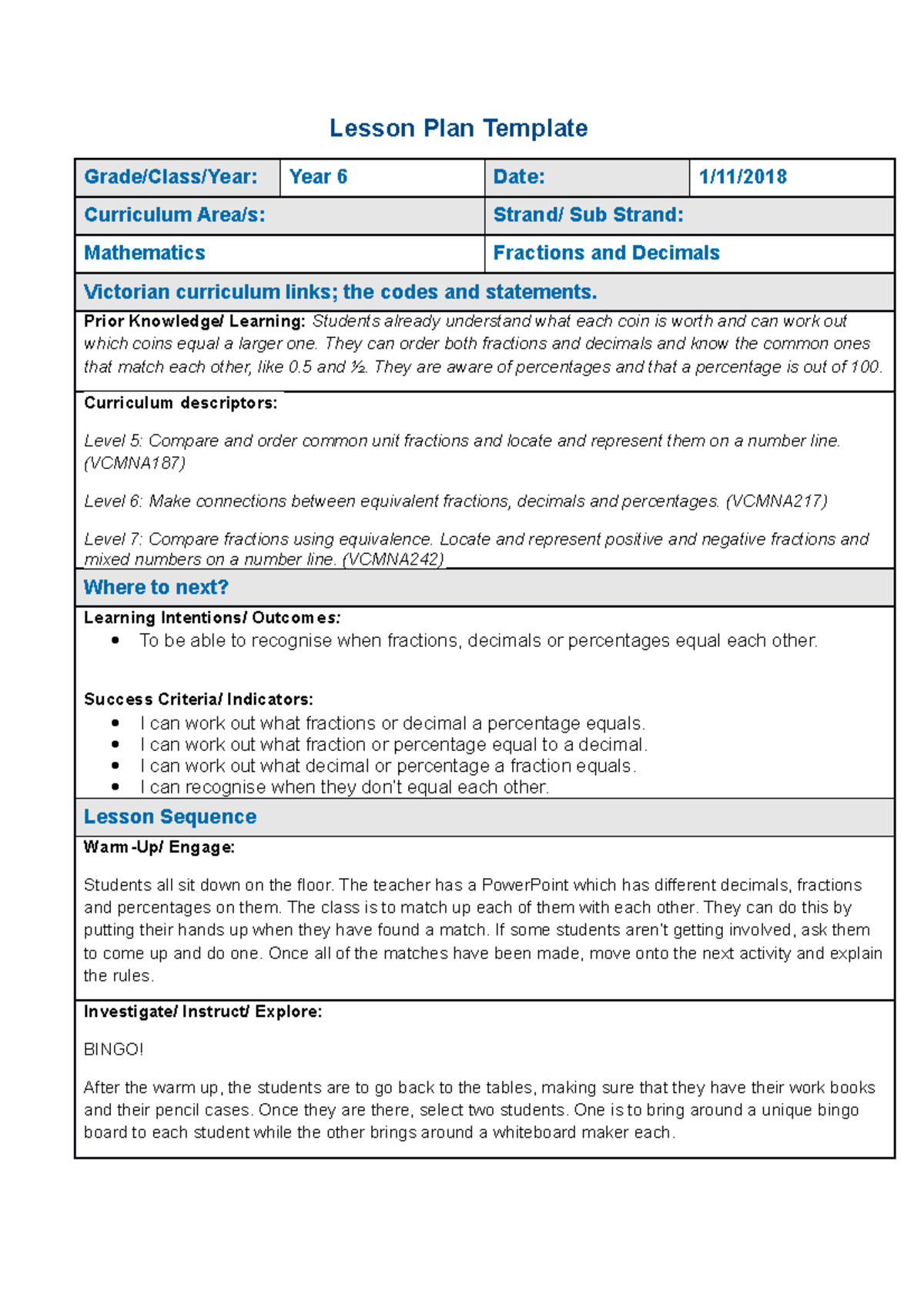 Fractions and Decimals - Lesson Plan Template Grade/Class/Year: Year 6 ...