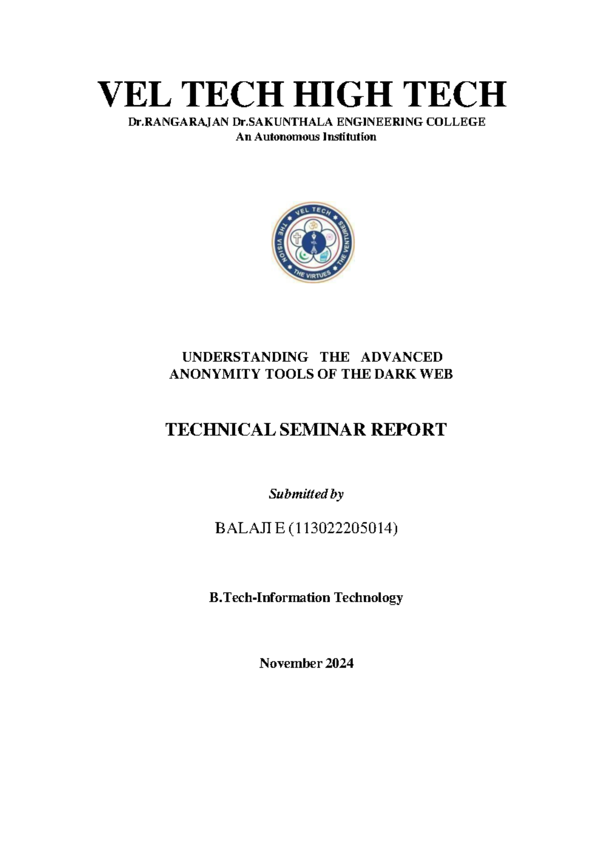 Finaltsbalajie - Report - VEL TECH HIGH TECH Dr Dr ENGINEERING COLLEGE ...