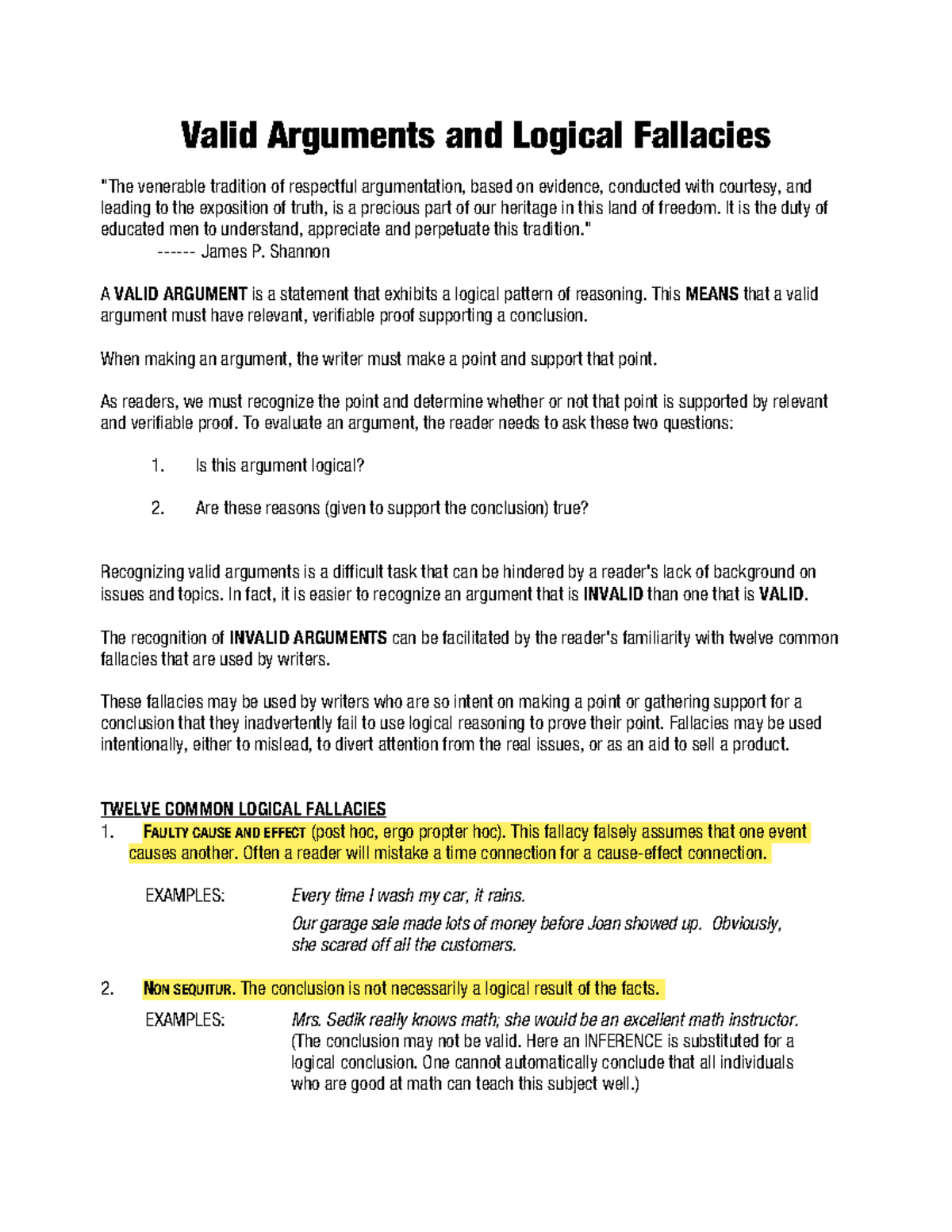 Logical Fallacies Cssctip Sheet Revised - Valid Arguments and Logical ...