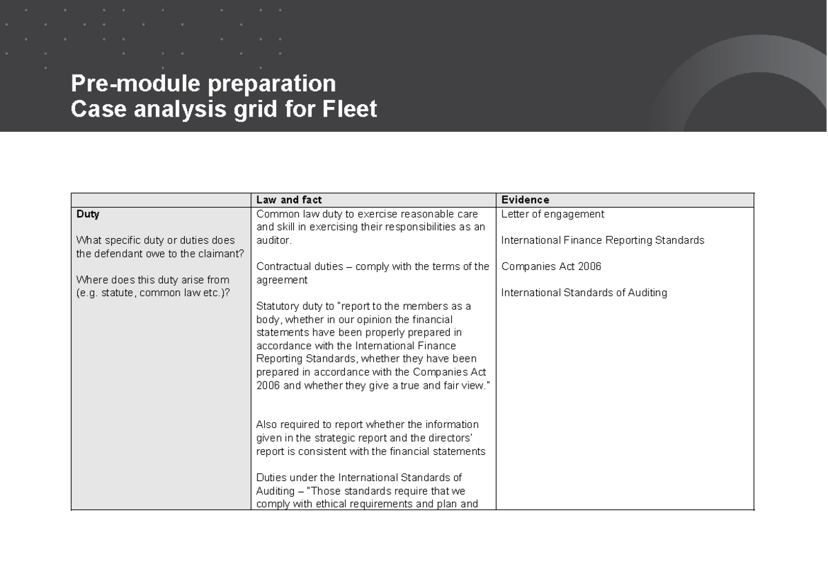 Case analysis grid - Pre-module preparation Case analysis grid for ...