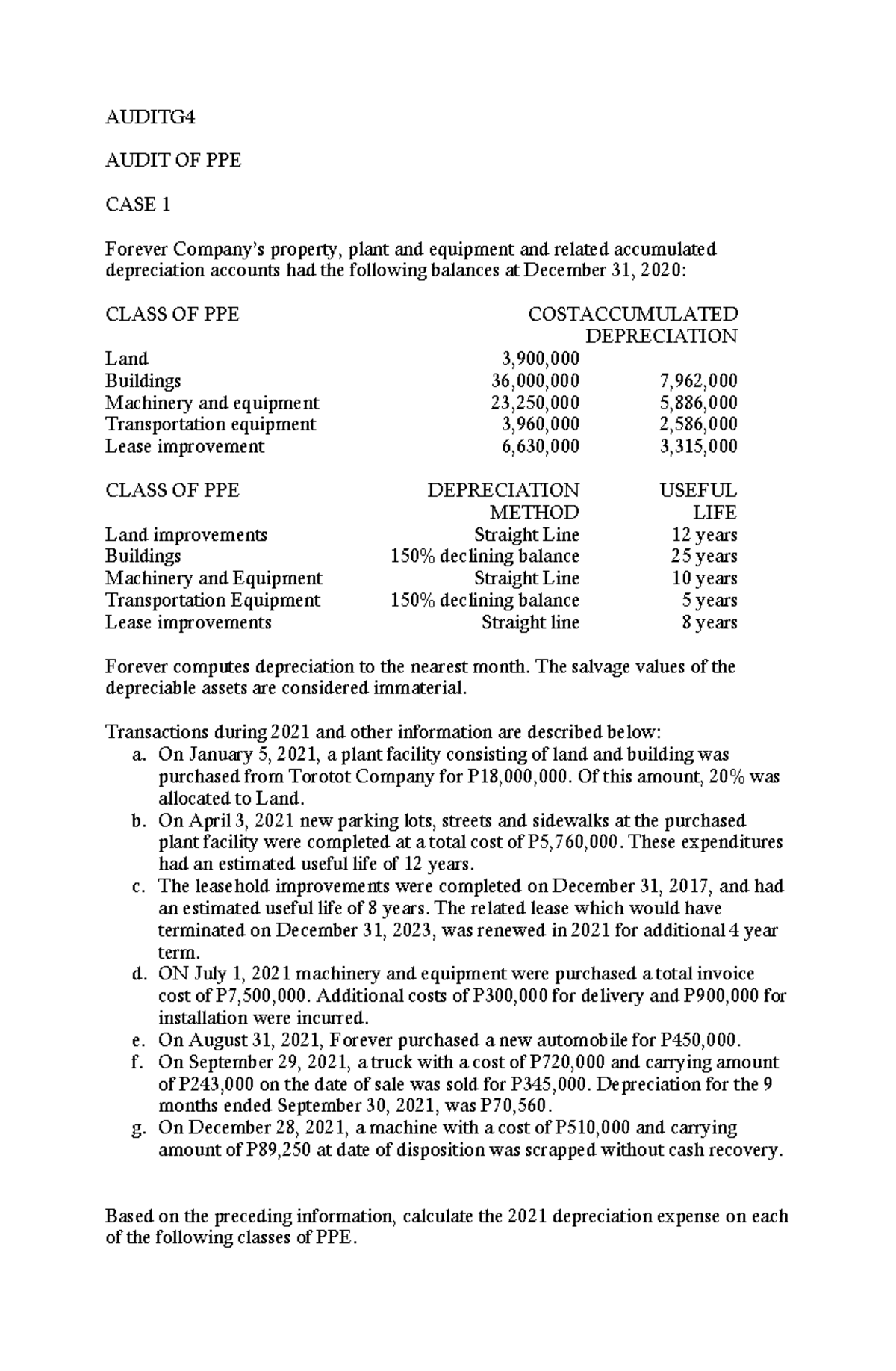 PPE Auditg 4 - AUDITG AUDIT OF PPE CASE 1 Forever Company’s property ...