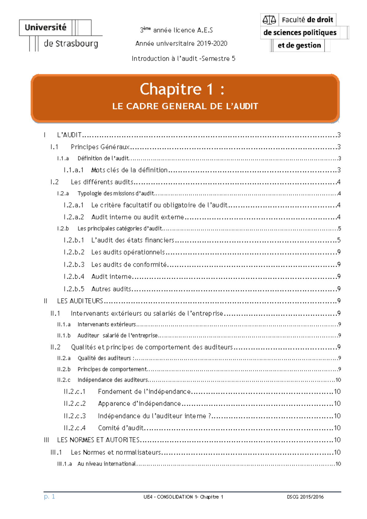 Chapitre 1 - Etudiant- Cadre général daudit - 3 ème année licence A.E Chapitre 1 : - Année - Studocu