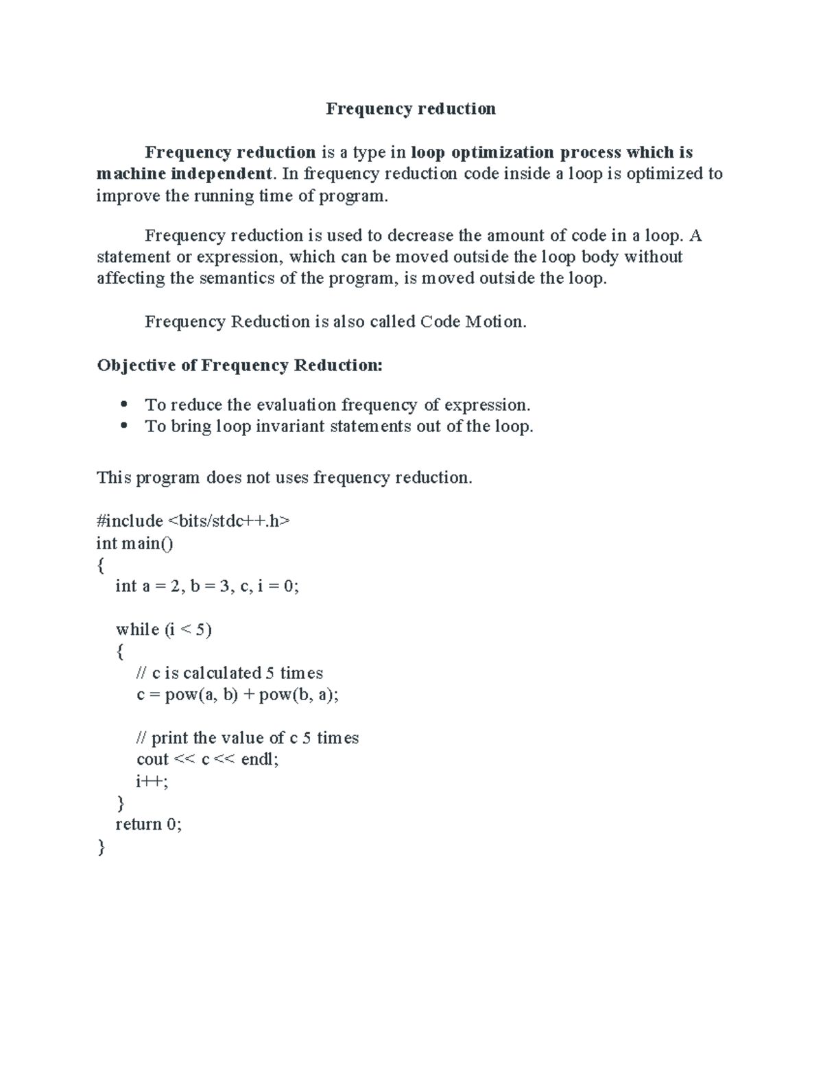Frequency Reduction and Code Motion - Frequency reduction Frequency ...