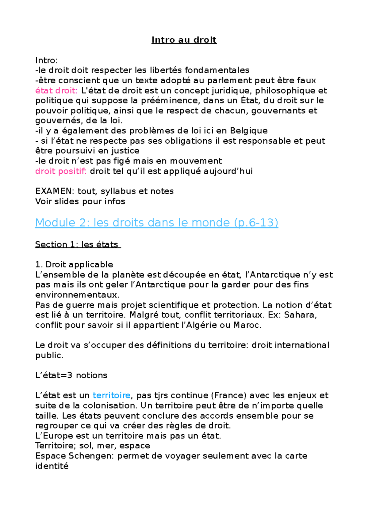 Intro au droit cours - Intro au droit Intro: -le droit doit respecter les libertés fondamentales ...