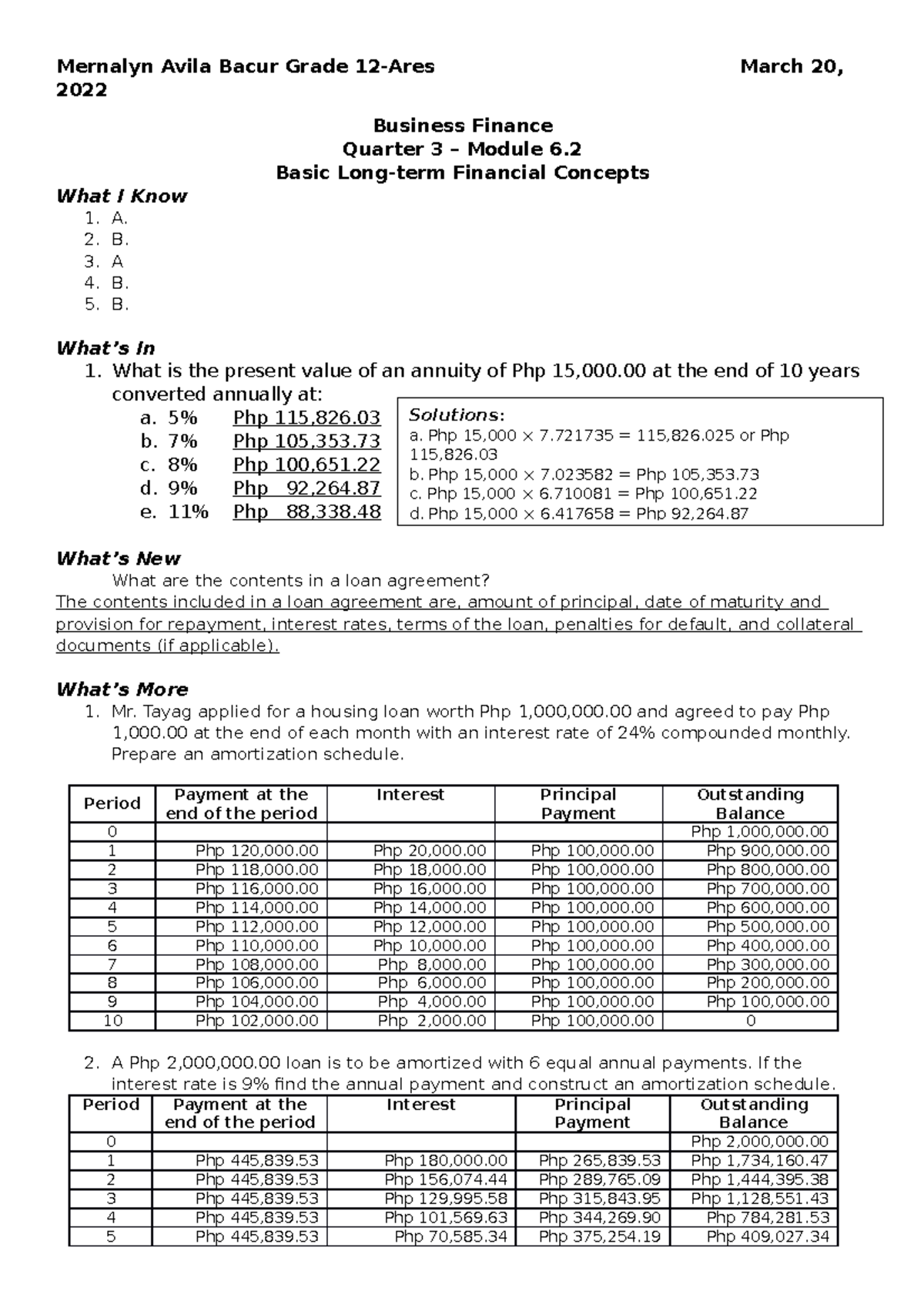Business Finance Module 6 - Mernalyn Avila Bacur Grade 12-Ares March 20 ...