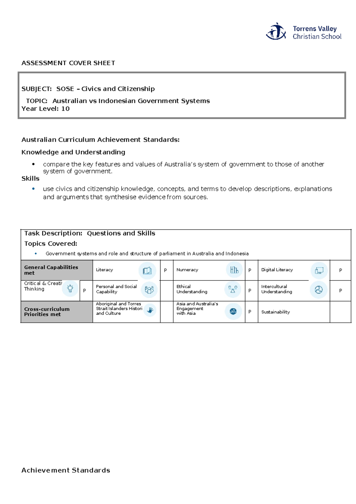 Year 10 SOSE Assessment Task Civics and Citizenship - ASSESSMENT COVER ...