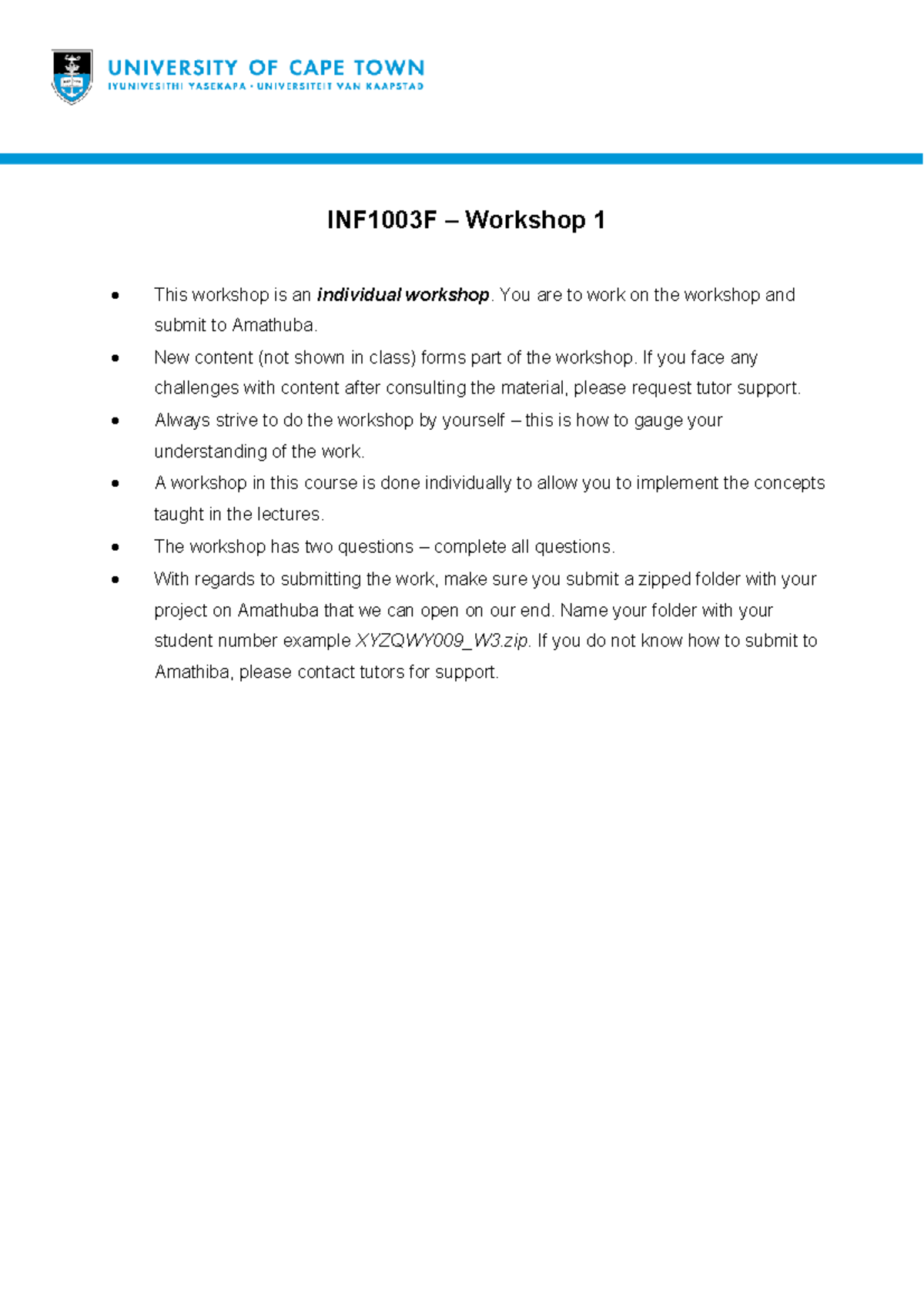 Workshop 1 - INF1003F – Workshop 1 This workshop is an individual ...