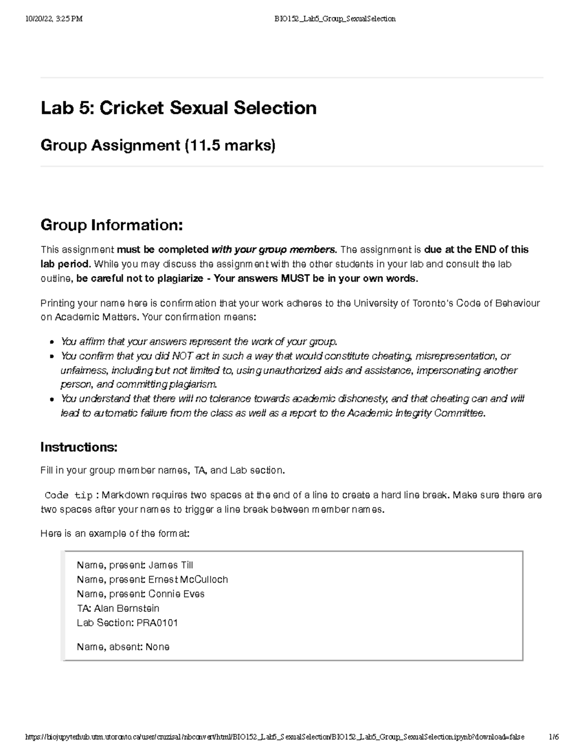 BIO152 Lab5 Group Sexual Selection - Lab 5: Cricket Sexual Selection Group Assignment (11 marks ...