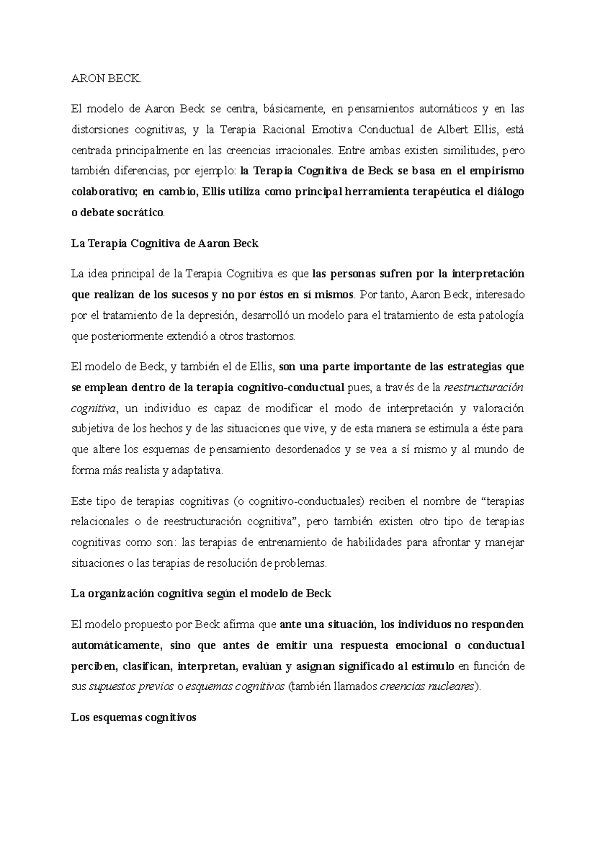 Aaron Y Judith BECK - Apuntes 1 - ARON BECK. El modelo de Aaron Beck se ...