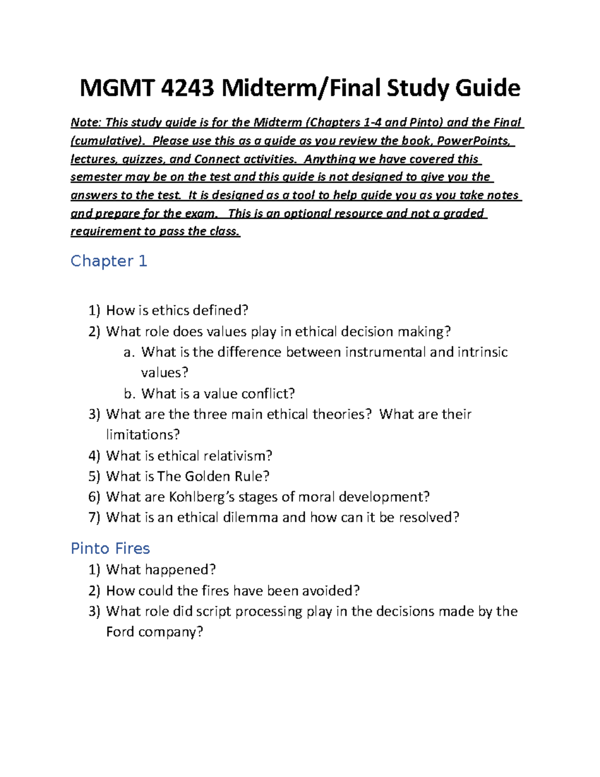 MGMT 4243 Midterm and Final Study Guide - MGMT 4243 Midterm/Final Study Guide Note: This study ...