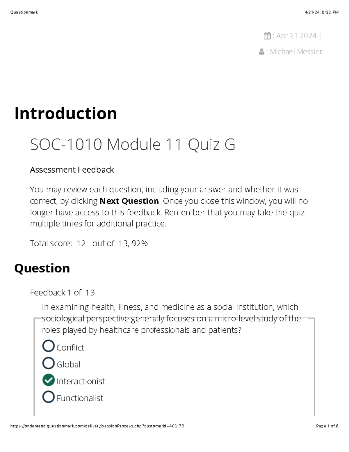 SOC-1010 Module 11 QUIZ - : Apr 21 2024 | : Michael Messier ...