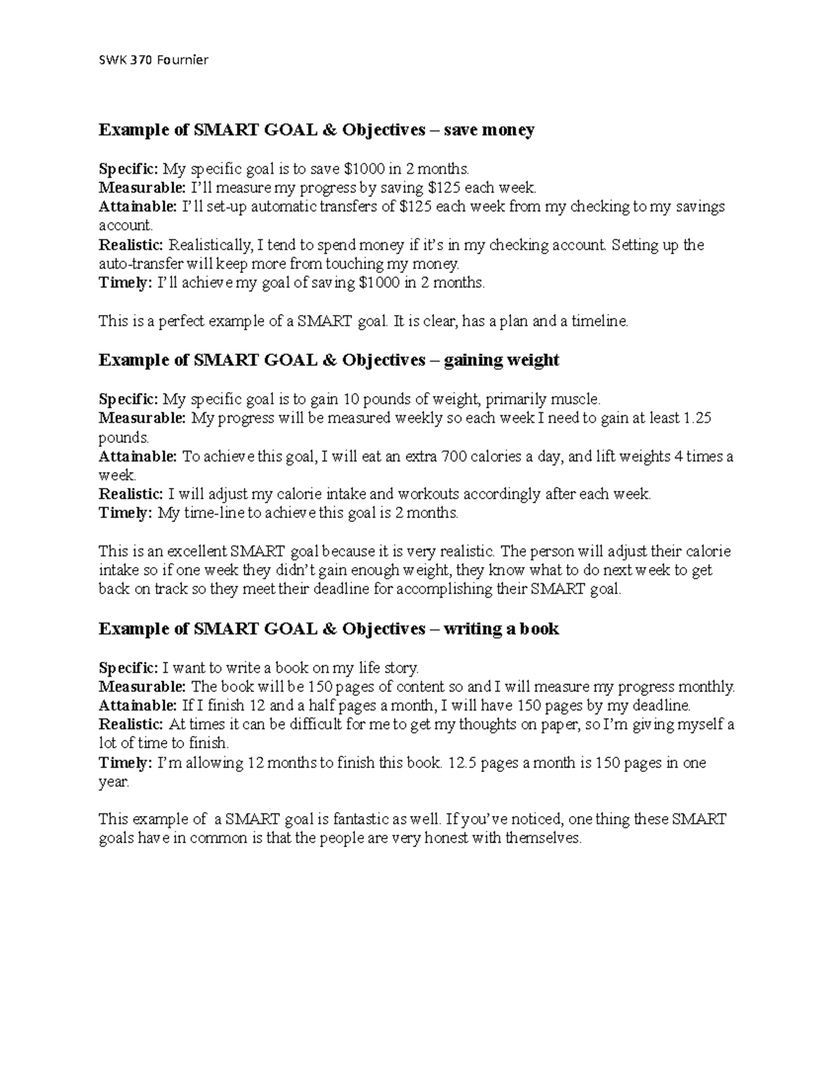 Example of Smart goal - Course notes - SWK 370 Fournier Example of ...