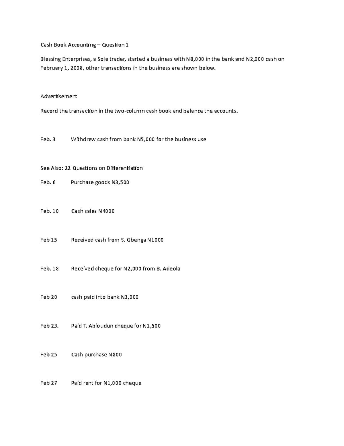 Cash Book sample questions - Cash Book Accounting – Question 1Blessing ...