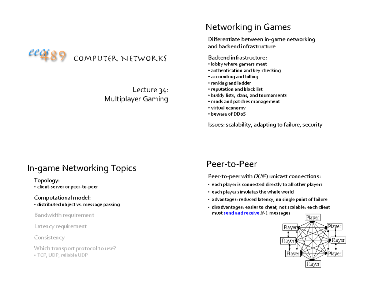 Lecture notes, lecture 34 Computer Networks - Networking in Games ...