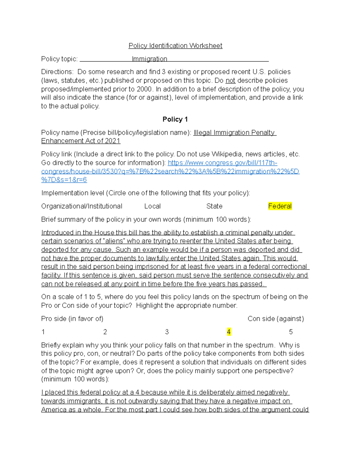 Immigration Policy Identification - Policy Identification Worksheet ...