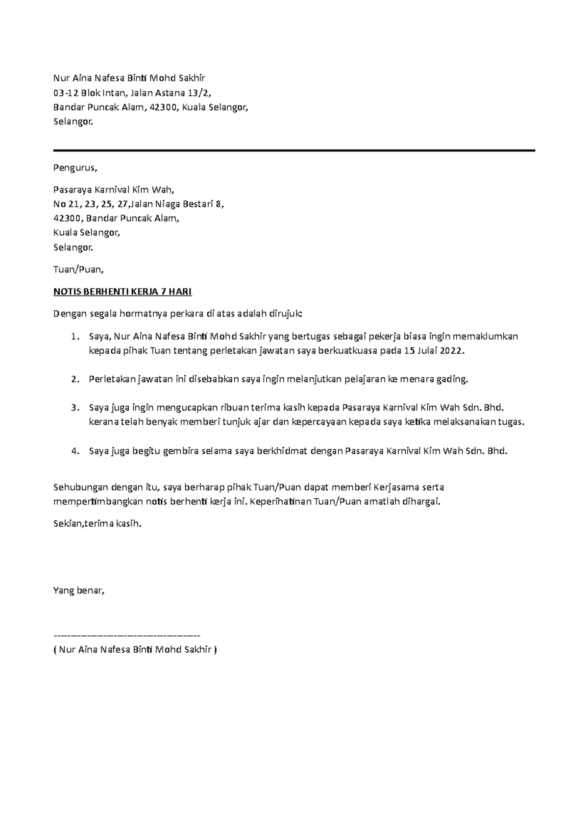 Contoh notis bekerja - Example of how to make retire notice - Nur Aina ...