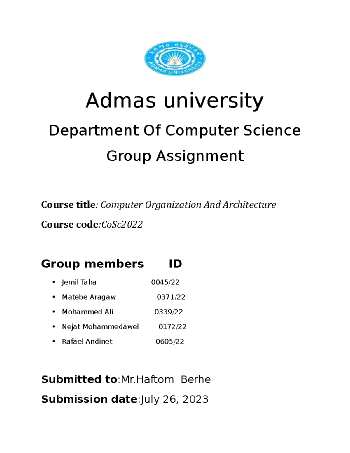 COAfinal - Copy - assignment - Admas university Department Of Computer Science Group Assignment ...