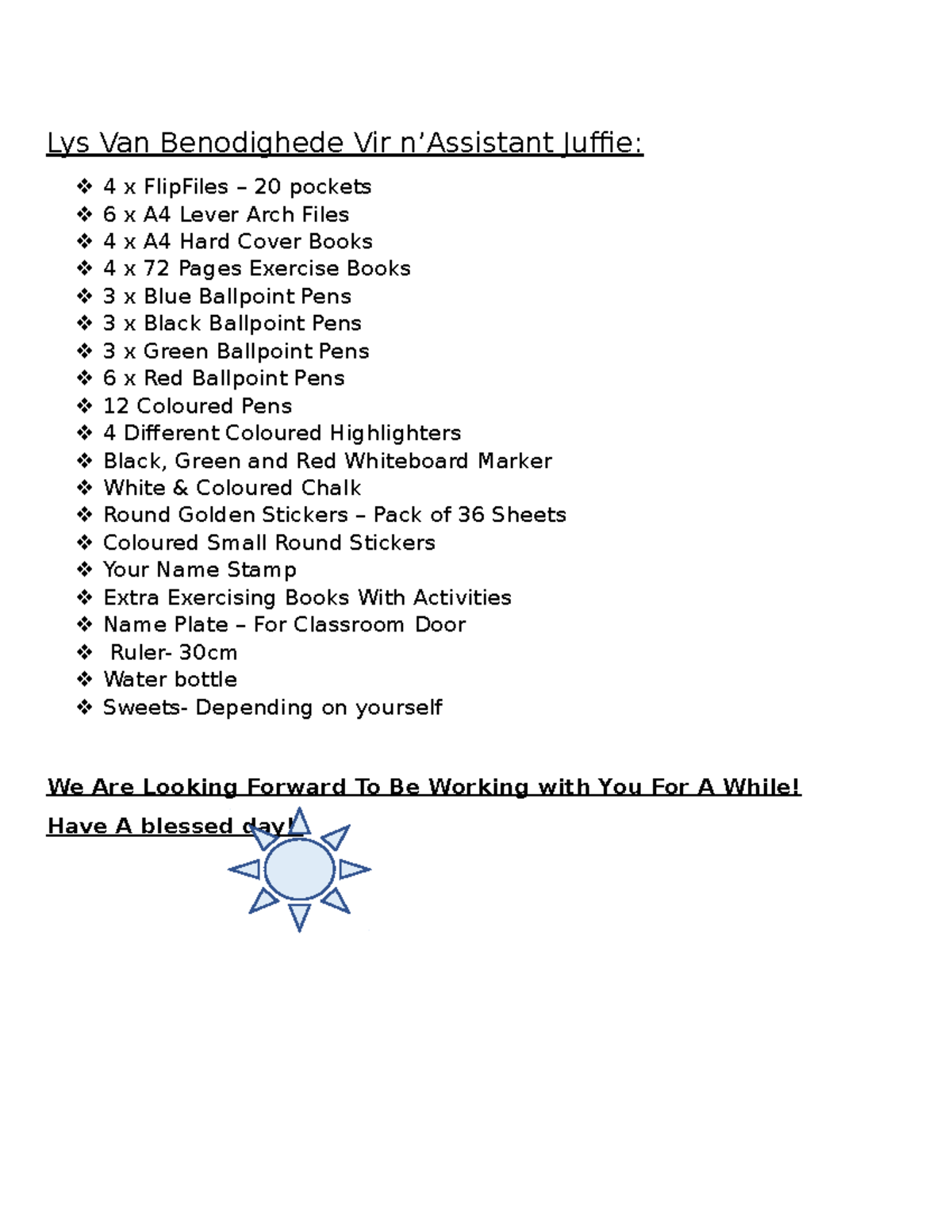 Document - Thn - Lys Van Benodighede Vir n’Assistant Juffie: 4 x ...