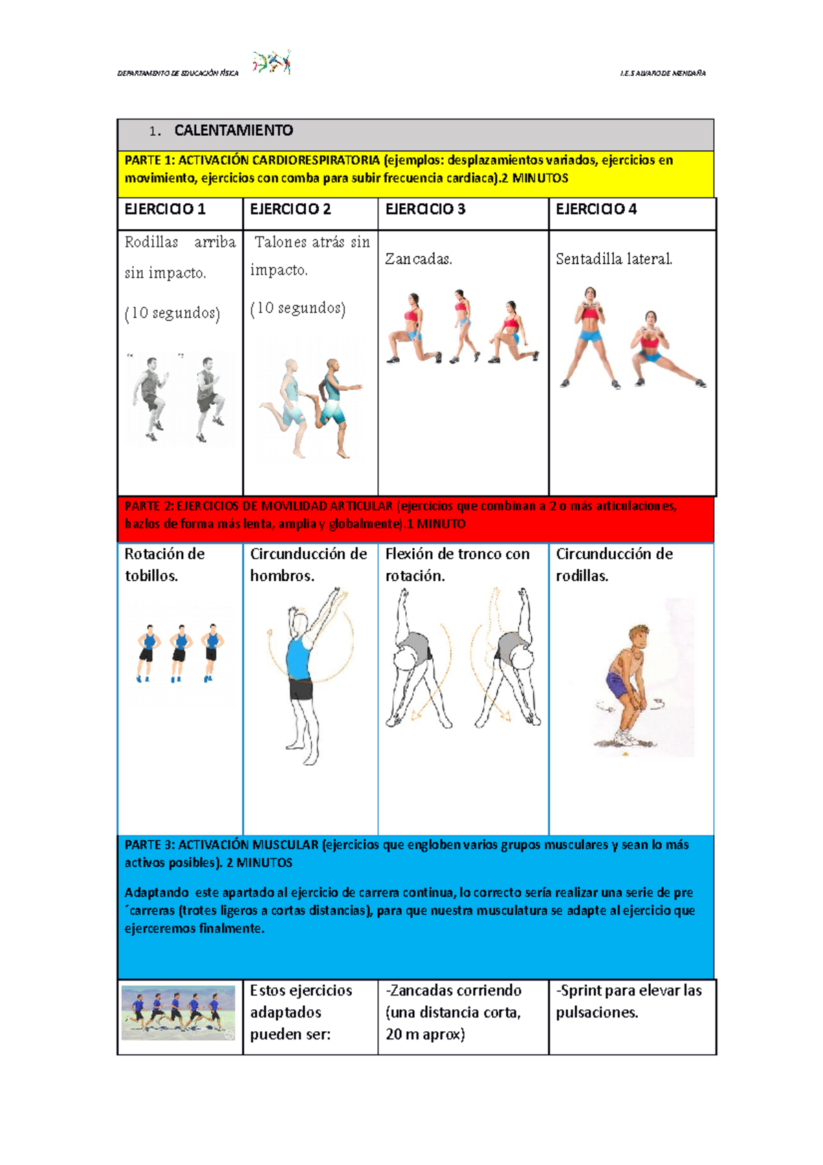 Planilla Calentamiento - DEPARTAMENTO DE EDUCACIÓN FÍSICA I.E ALVARO DE ...