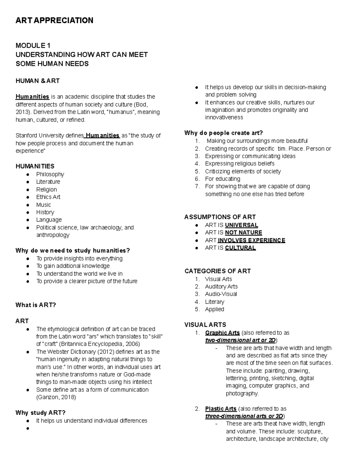 ART APP Lecture - ART APPRECIATION MODULE 1 UNDERSTANDING HOW ART CAN MEET SOME HUMAN NEEDS ...