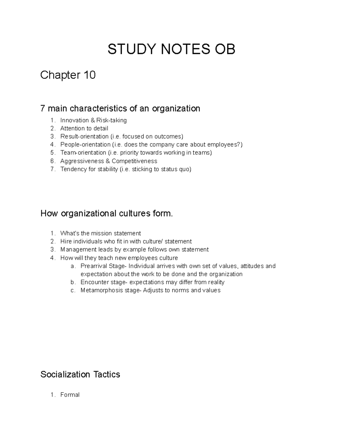 Study Notes OB - STUDY NOTES OB Chapter 10 7 main characteristics of an ...